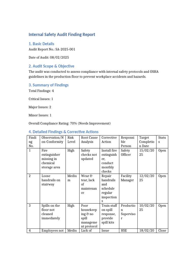 Sample Internal Audit Report | PDF | Fire Safety | Safety