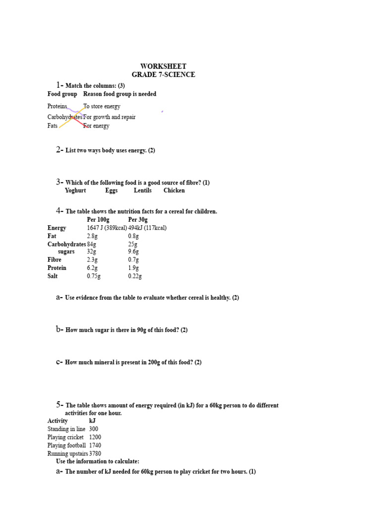 Grade 7 Science Nutrition Worksheet | PDF