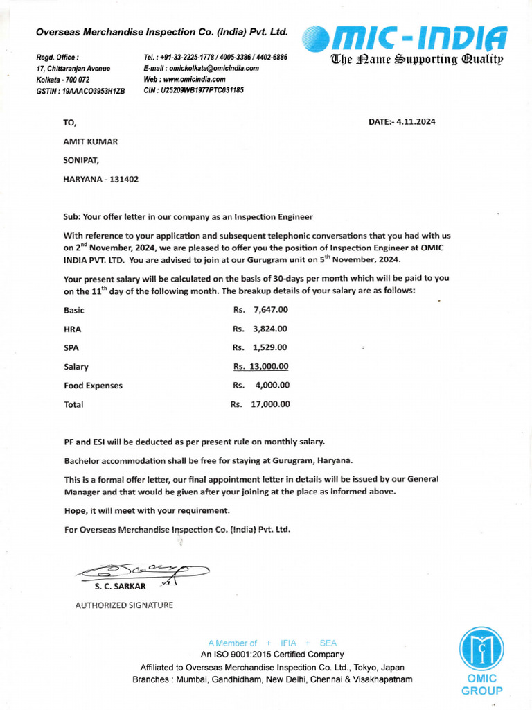 OFFER LETTER AMIT KUMAR | PDF