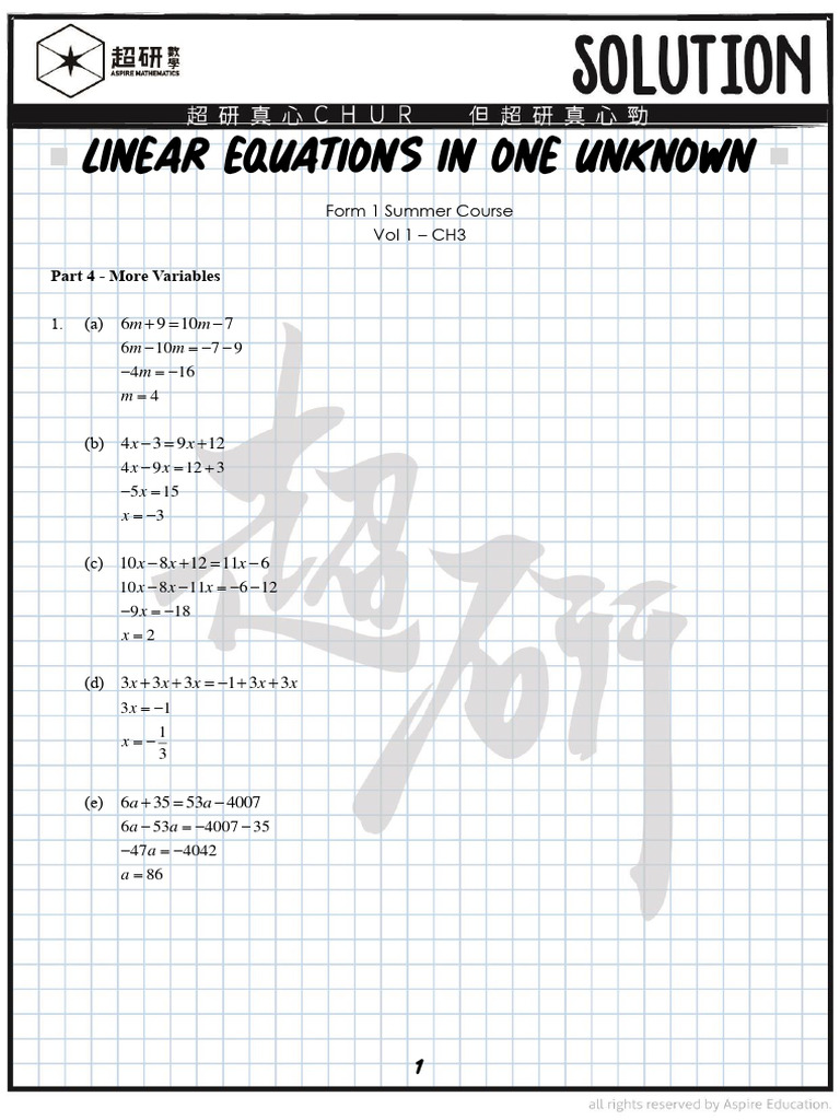 S1 SW6 Ch03 Linear-Equations-in-One-Unknown Ver2024 Homework Solution | PDF