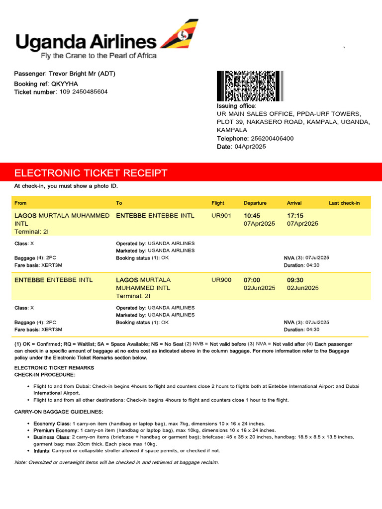 Uganda Airlines Electronic Ticket Receipt | PDF
