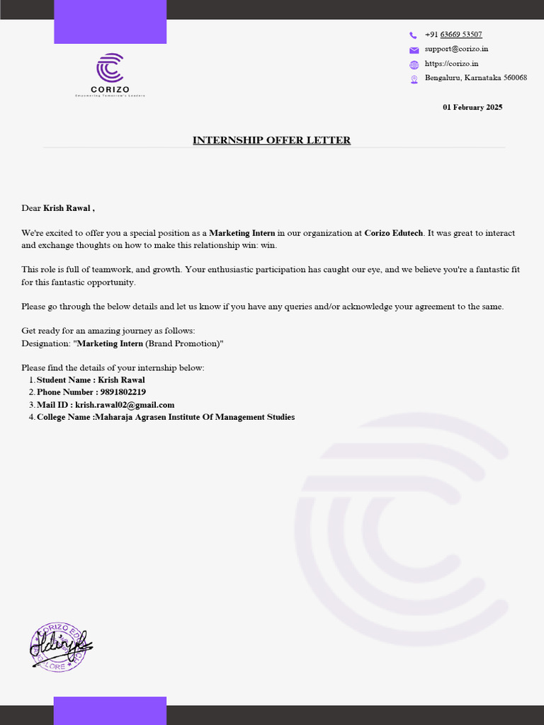Corizo Edutech Internship Offer for Krish Rawal | PDF | Employee ...