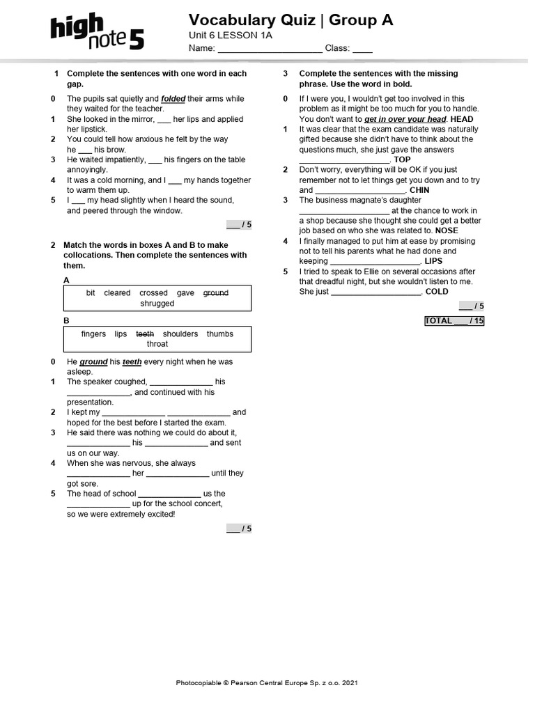 Vocabulary Quiz for Unit 6 Lesson 1A | PDF