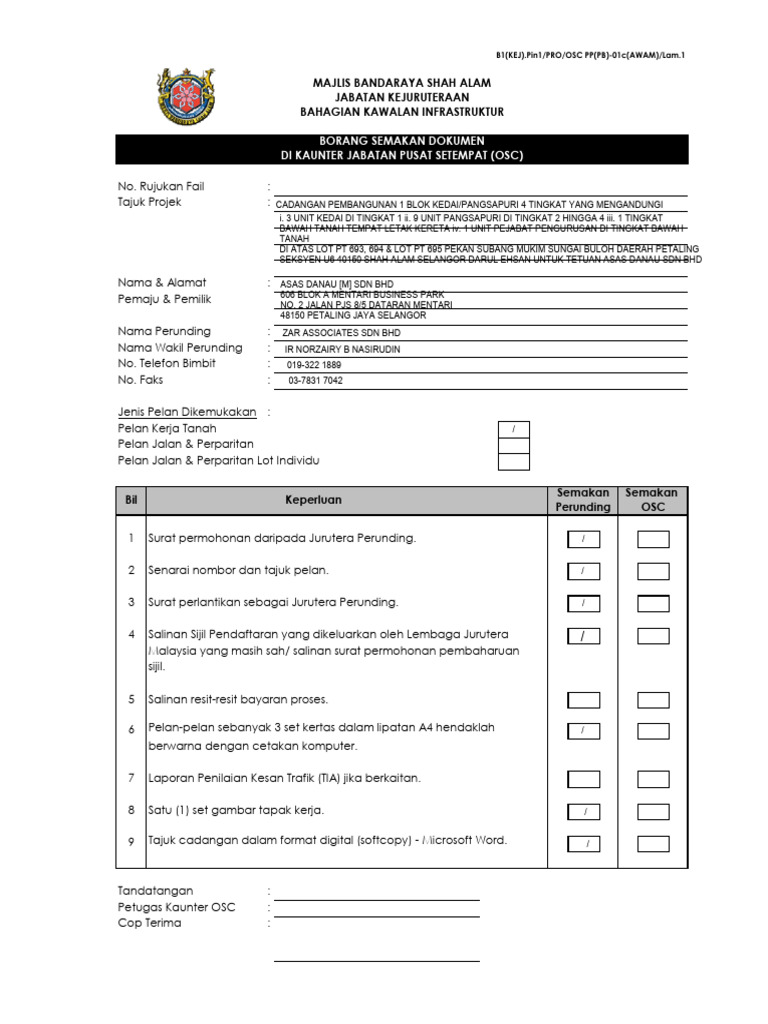 Lam.1 BORANG SEMAKAN DOKUMEN - OSC MBSA | PDF