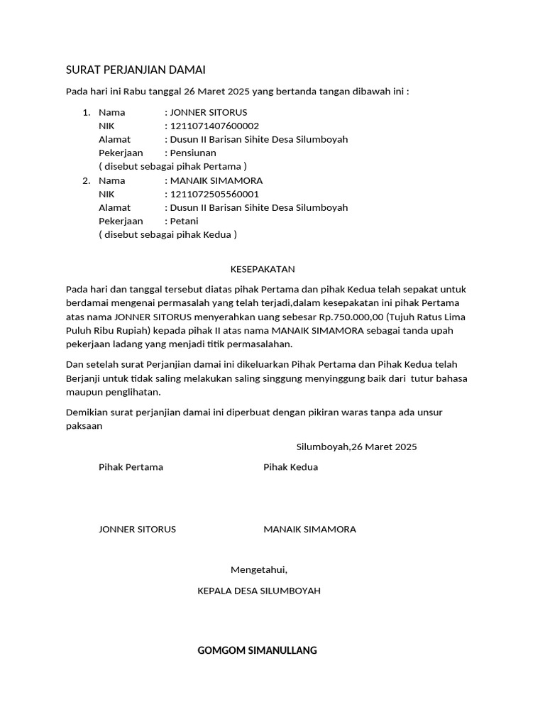 Surat Perjanjian Damai Jonner dan Manaiik | PDF