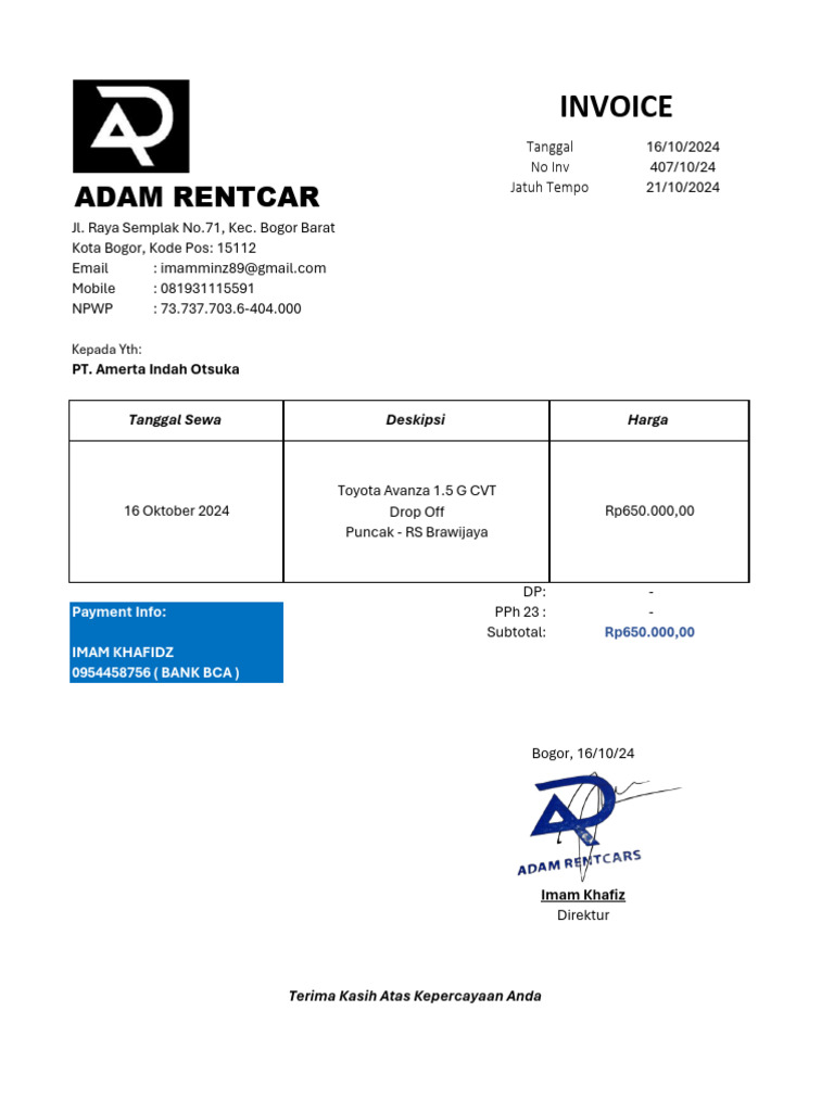 Invoice 407 AdamRent To PT. Amerta Indah Otsuka | PDF