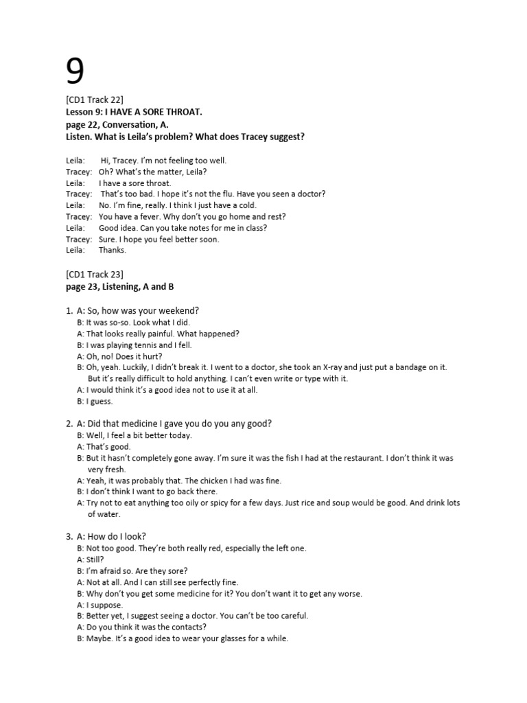 SN2 U3 Lesson 9 I Have A Sore Throat - Audio Script | PDF