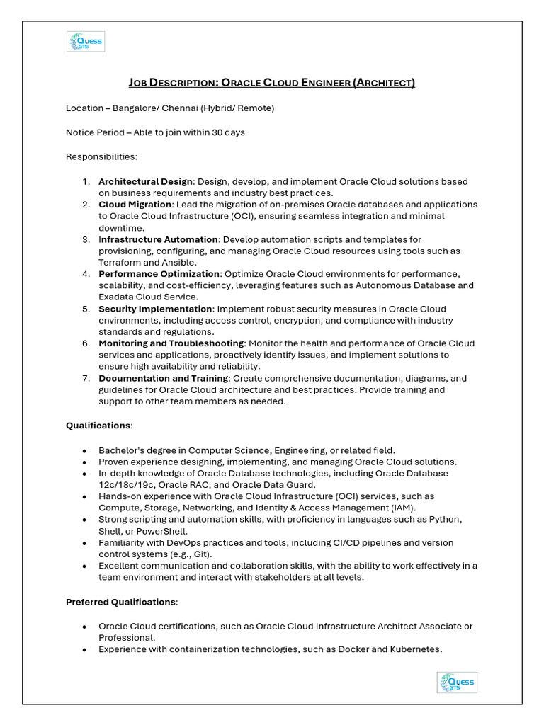 QuessGTS - JD - Oracle Cloud Architect | PDF | Cloud Computing | Databases