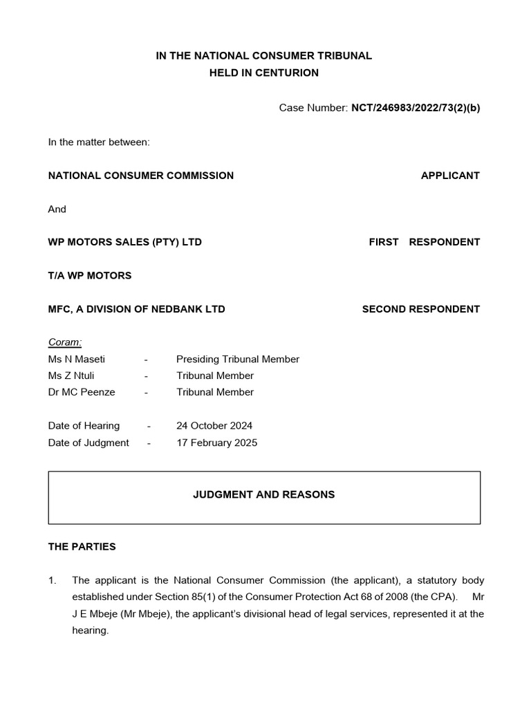 National Consumer Commission V WP Motors NCT246983 2022 73 Judgment Ec ...