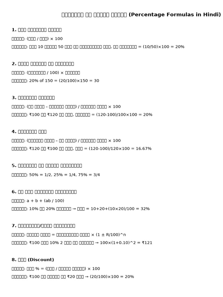 Percentage Formulas Hindi | PDF