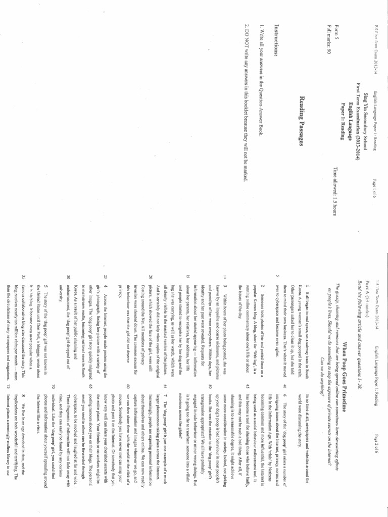 F5 Eng 2013 1stexam Paper1 Reading Passages | PDF