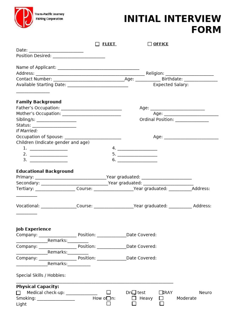 Initial Interview Form Template | PDF | Social Psychology