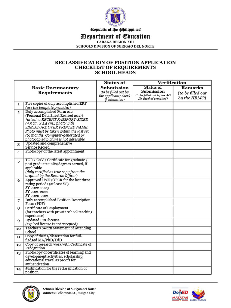 ENCLOSURE 3 CHECKLIST OF REQUIREMENTS ERF School Heads | PDF | Thesis ...