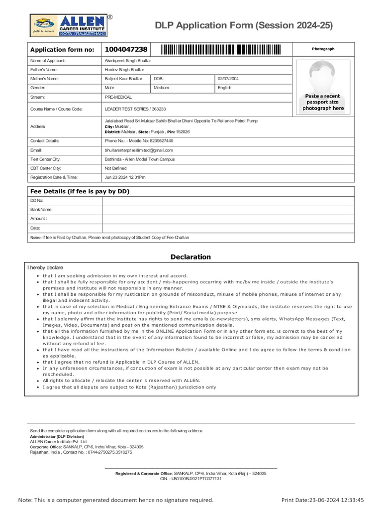 DLP Application Form for 2024-25 | PDF
