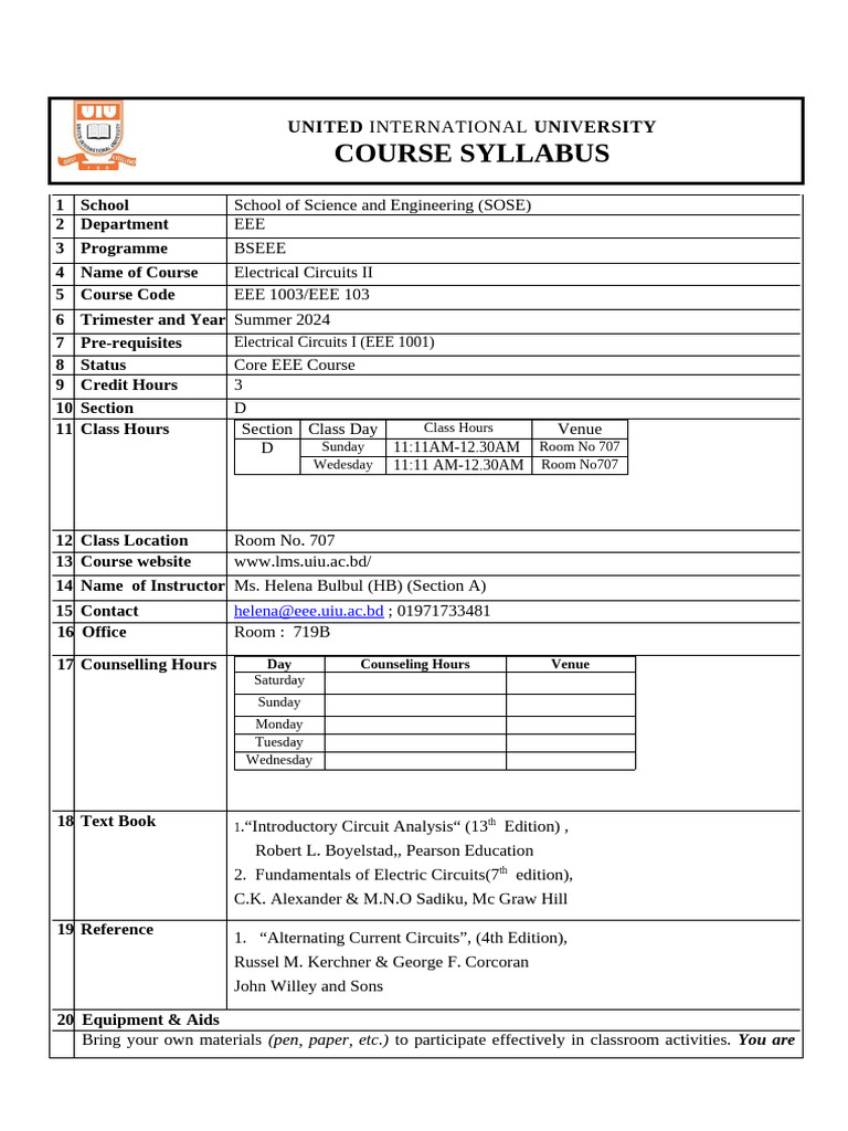 Course Syllabus 242 EEE1003 D HB | PDF | Electrical Impedance ...