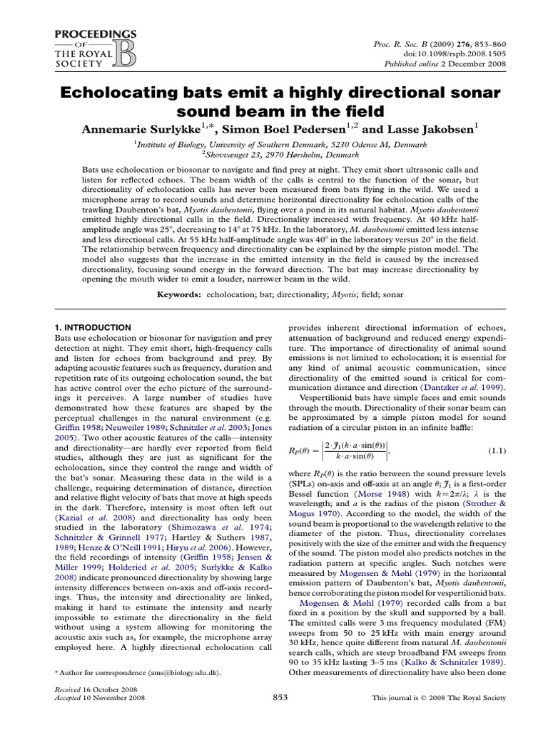 Surlykke Et Al 2008 Echolocating Bats Emit A Highly Directional Sonar ...