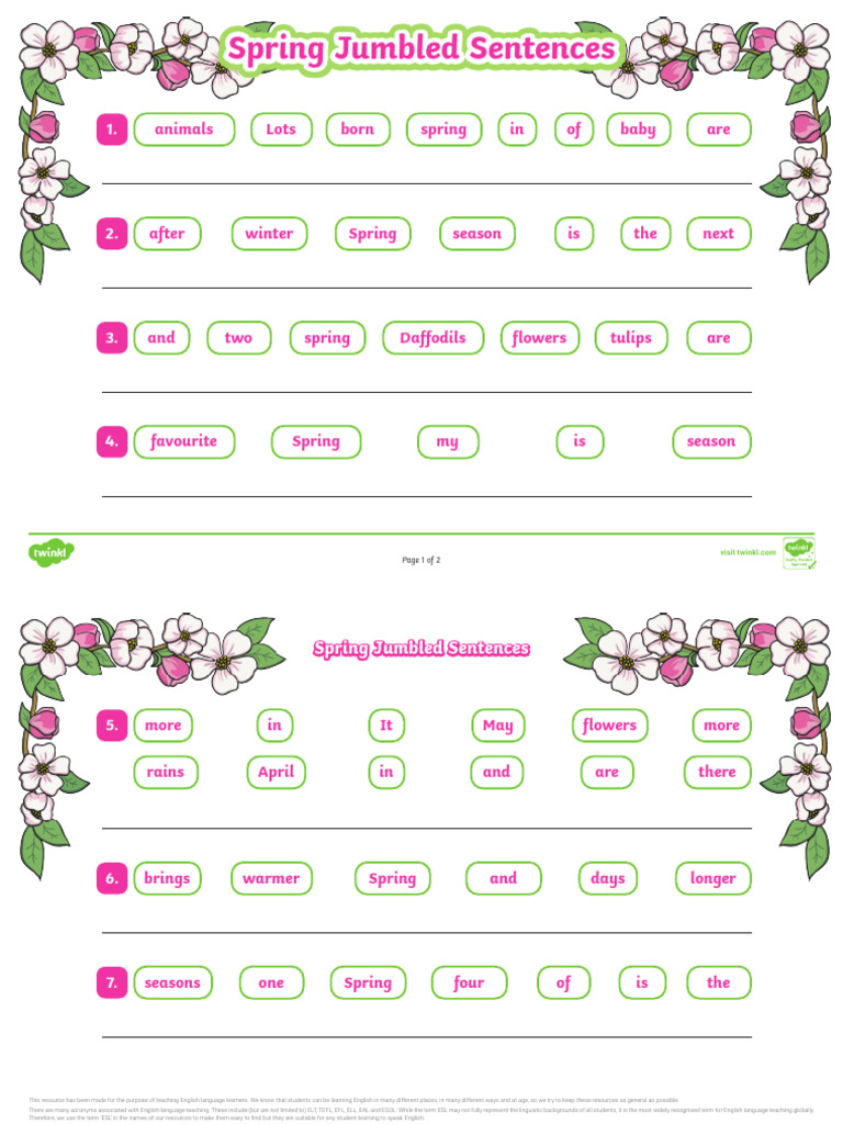 T e 1674640017 Esl Spring Jumbled Sentences Worksheet Kids A1 A2 - Ver ...