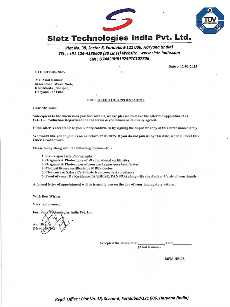 MR. Amit Kumar GET Job Offer Letter | PDF