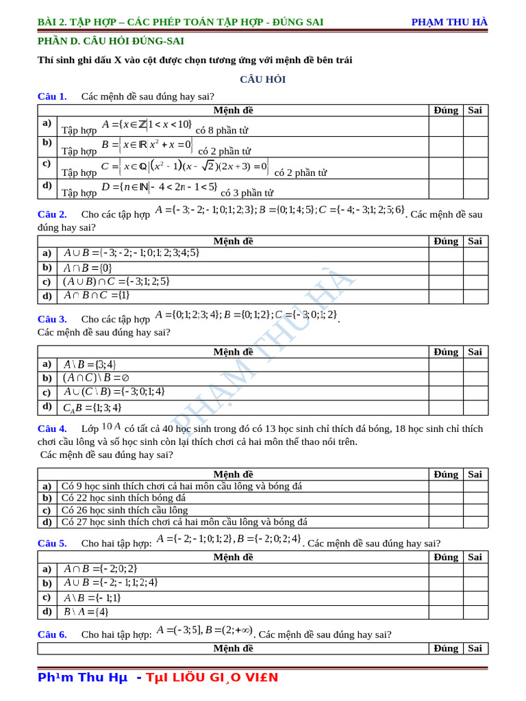 Bài 2. Tap Hop - Cac Phep Toan Tap Hop - Dungsai | PDF