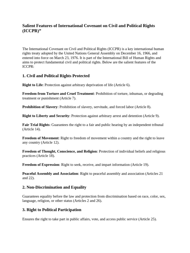 Salient Features of International Covenant On Civil and Political ...
