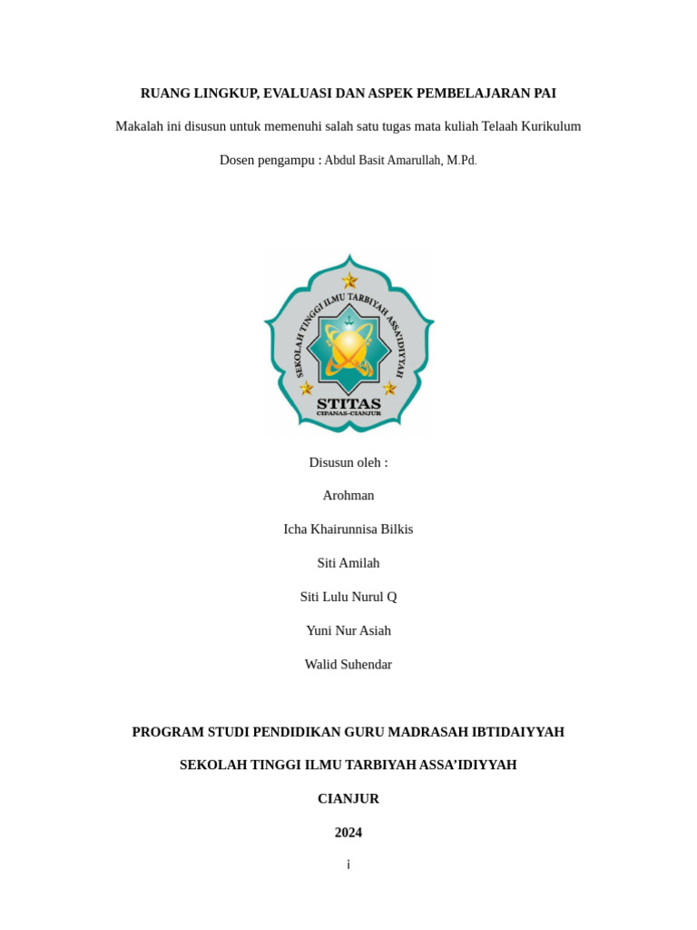 Ruang Lingkup, Evaluasi Dan Aspek Pembelajaran Pai | PDF