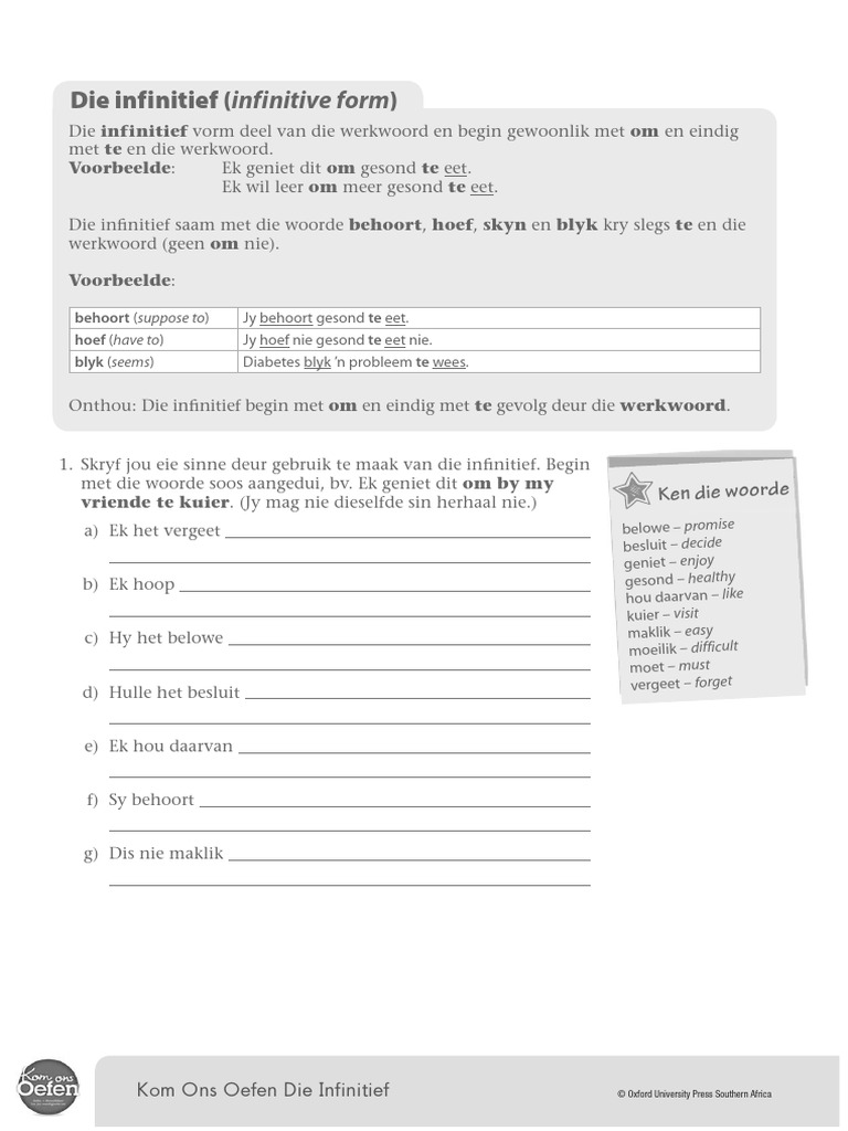 Graad 9 Afrikaans EAT Kom Ons Oefen Die Infinitief | PDF