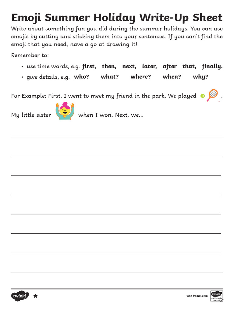 t l 54216 Ks1 Emoji Summer Holiday Writeup Differentiated Activity Sheets English Ver 3 | PDF ...