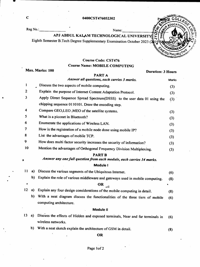 Btech CST 8 Sem Mobile Computing Cst476 Oct 2023 | PDF | Computer Network | Network Architecture