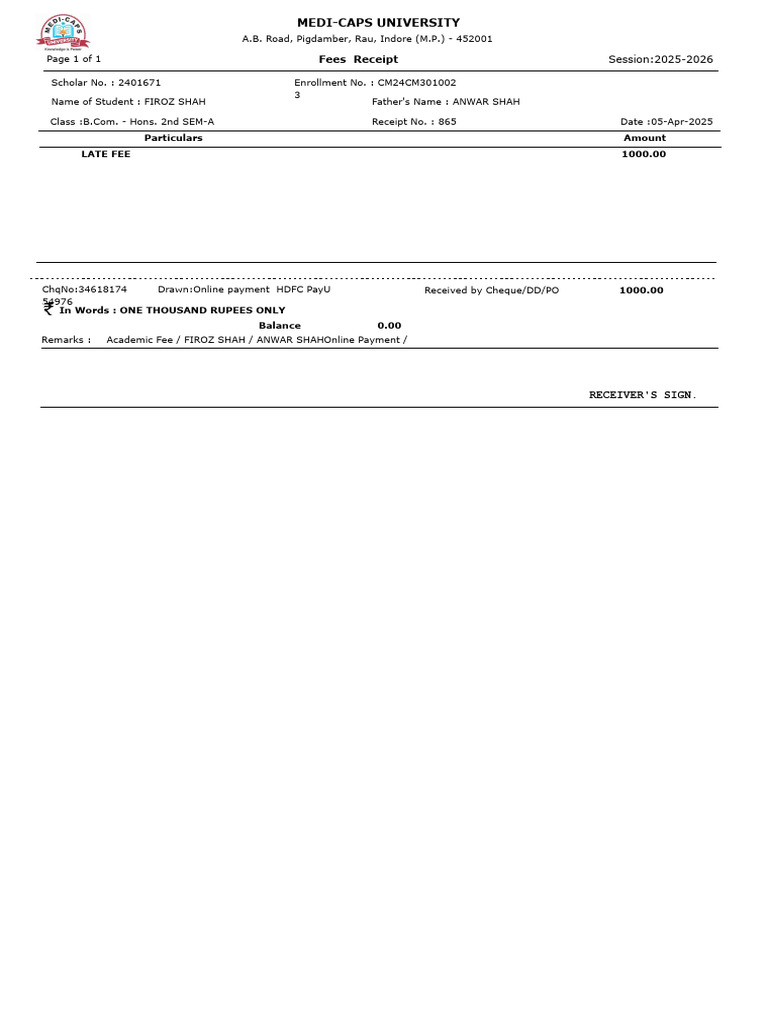 B.Com 2nd SEM Fee Receipt - Firoz Shah | PDF