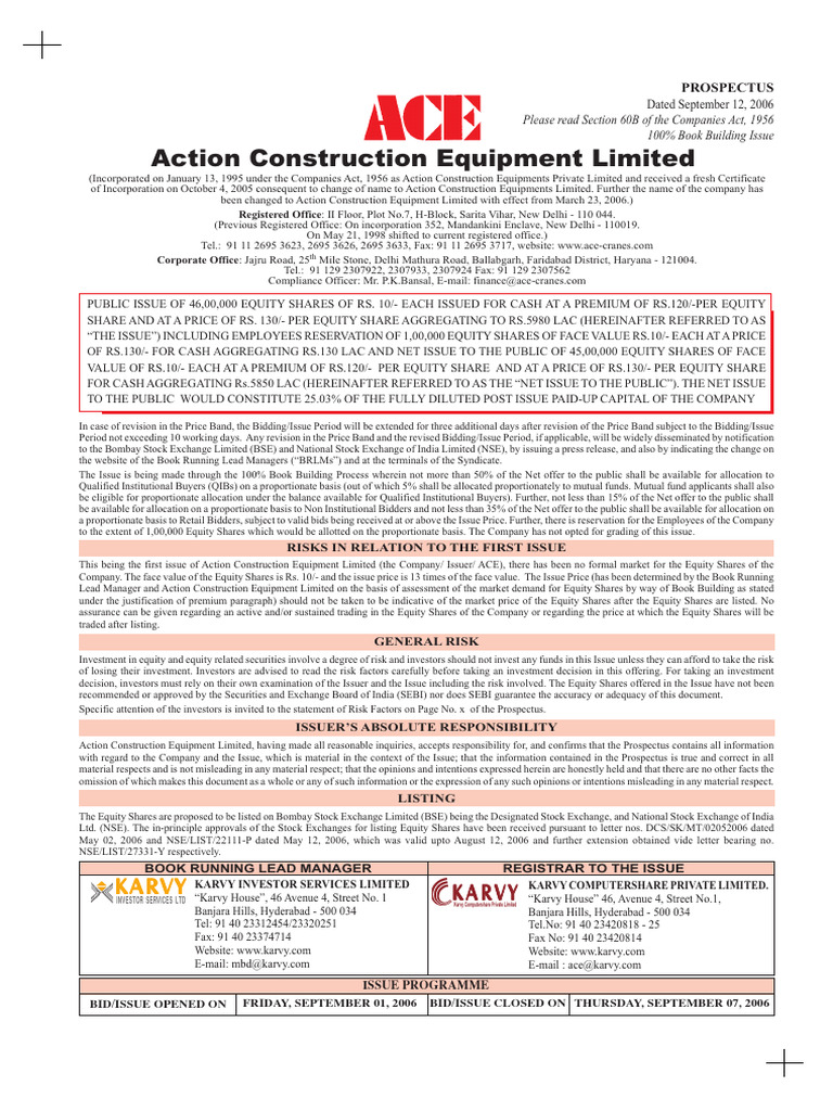 ACE Construction DRHP | PDF | Risk | Investing