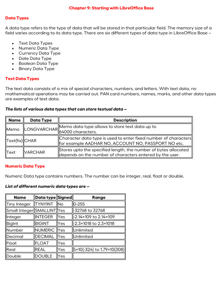 Chapter 9 Starting With LibreOffice Base | PDF | Data Type | Integer ...