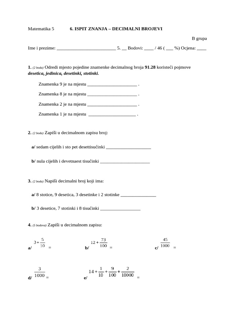 Matematika 5 6ispit Znanja Decimalni Brojevi Bgrupa | PDF