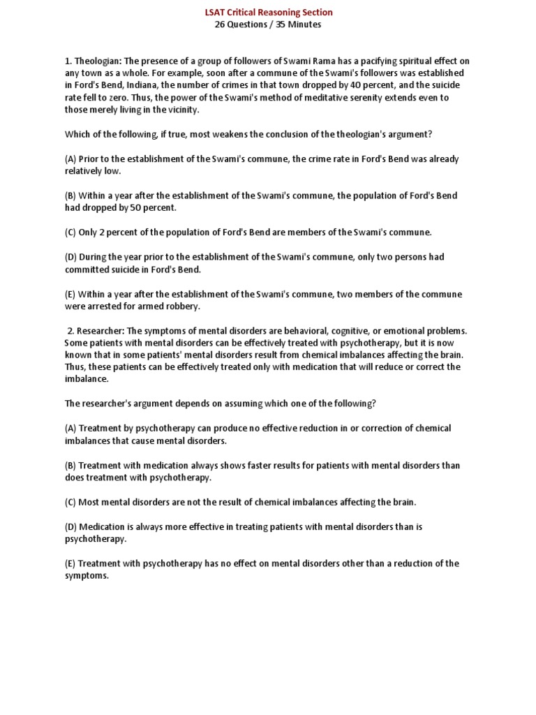 LSAT Critical Reasoning Section | PDF | Argument | Mental Disorder