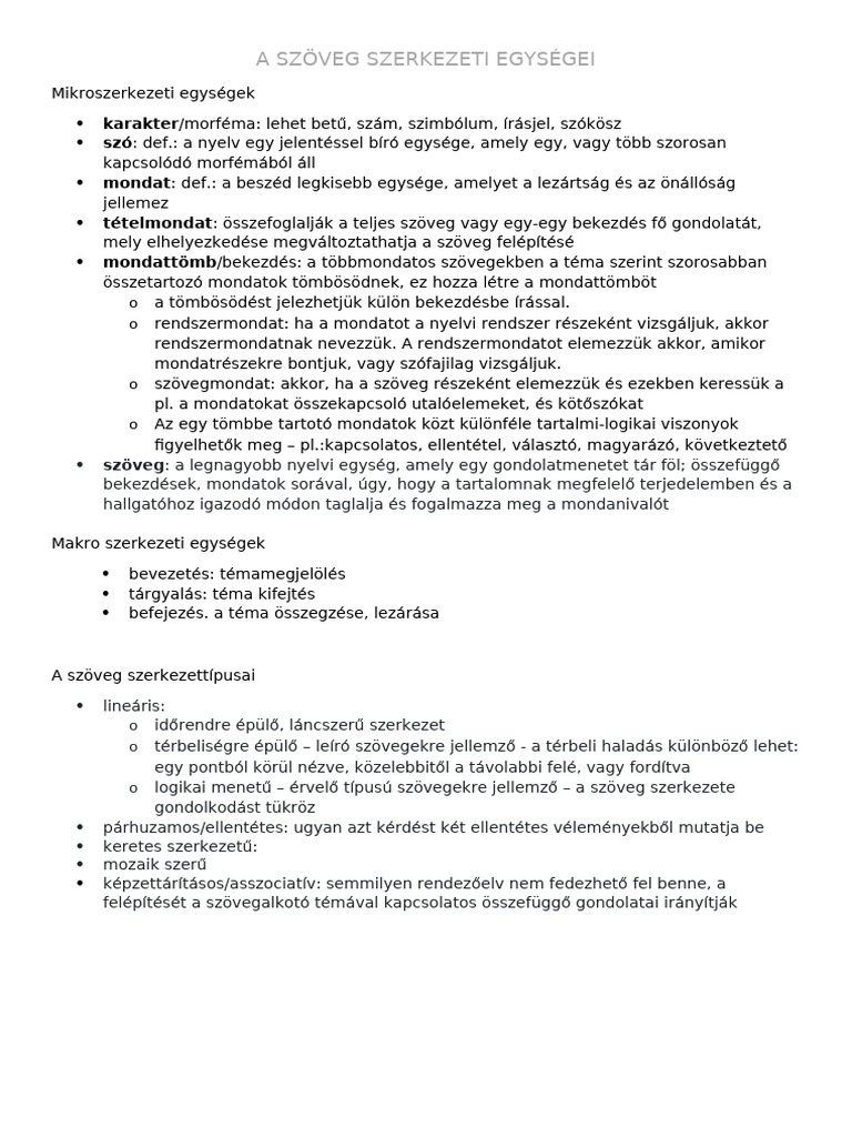 12 Tétel a Szoveg Szerkezeti Egysegei | PDF