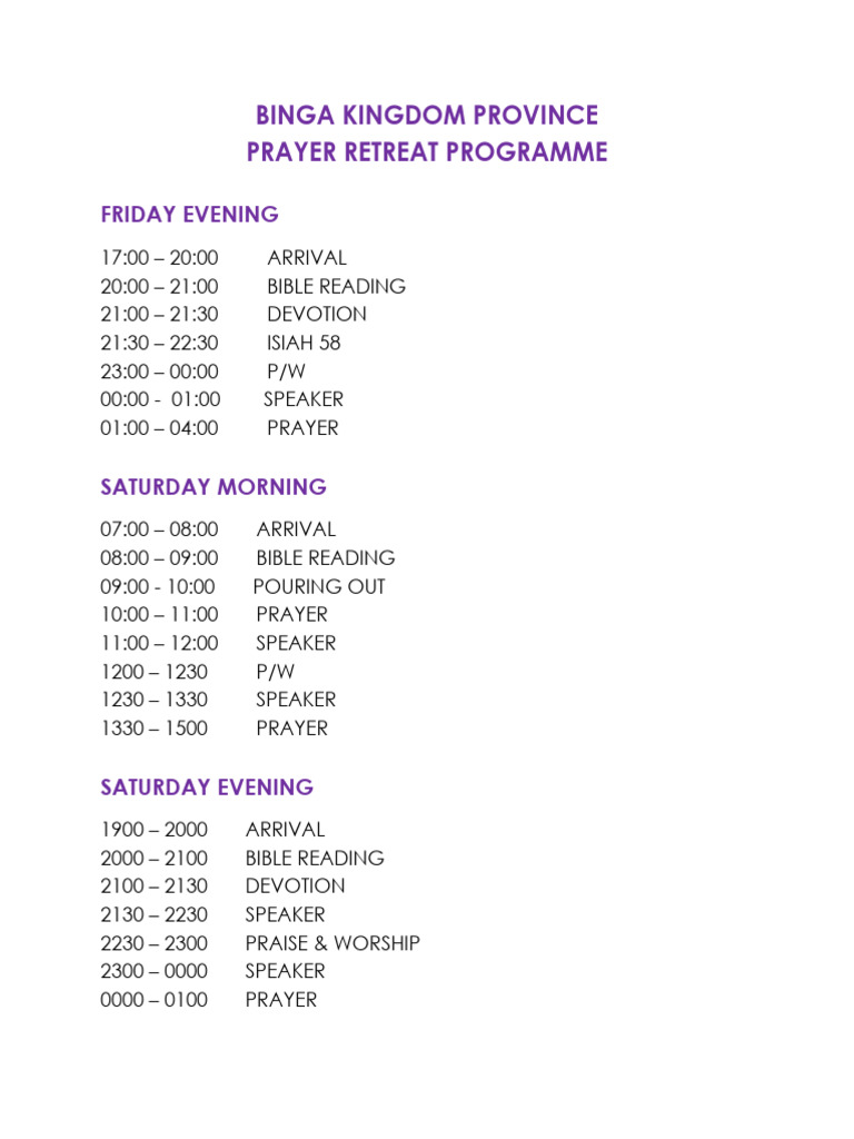 Binga Kingdom Prayer Retreat Schedule | PDF