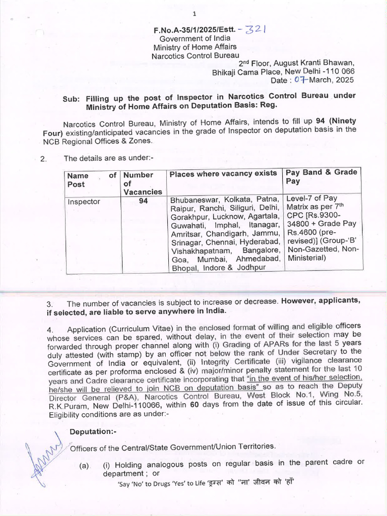 94 Inspector Posts Advt Details Application Form NCB | PDF