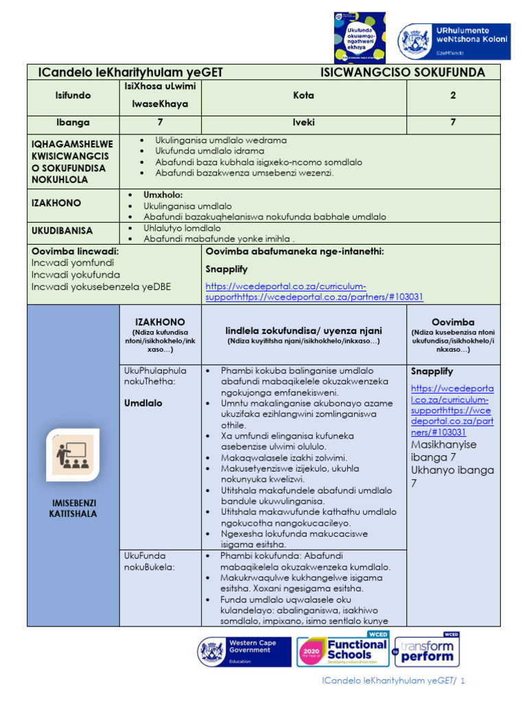 Grade 7 IsiXhosa Term 3 Lesson Plan | PDF