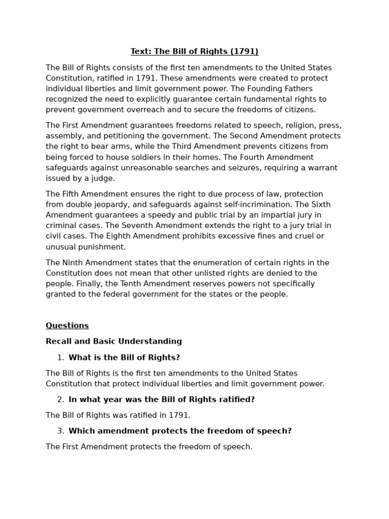 Part 1 - Reading Assignment - Bill of Rights | PDF | United States Bill ...