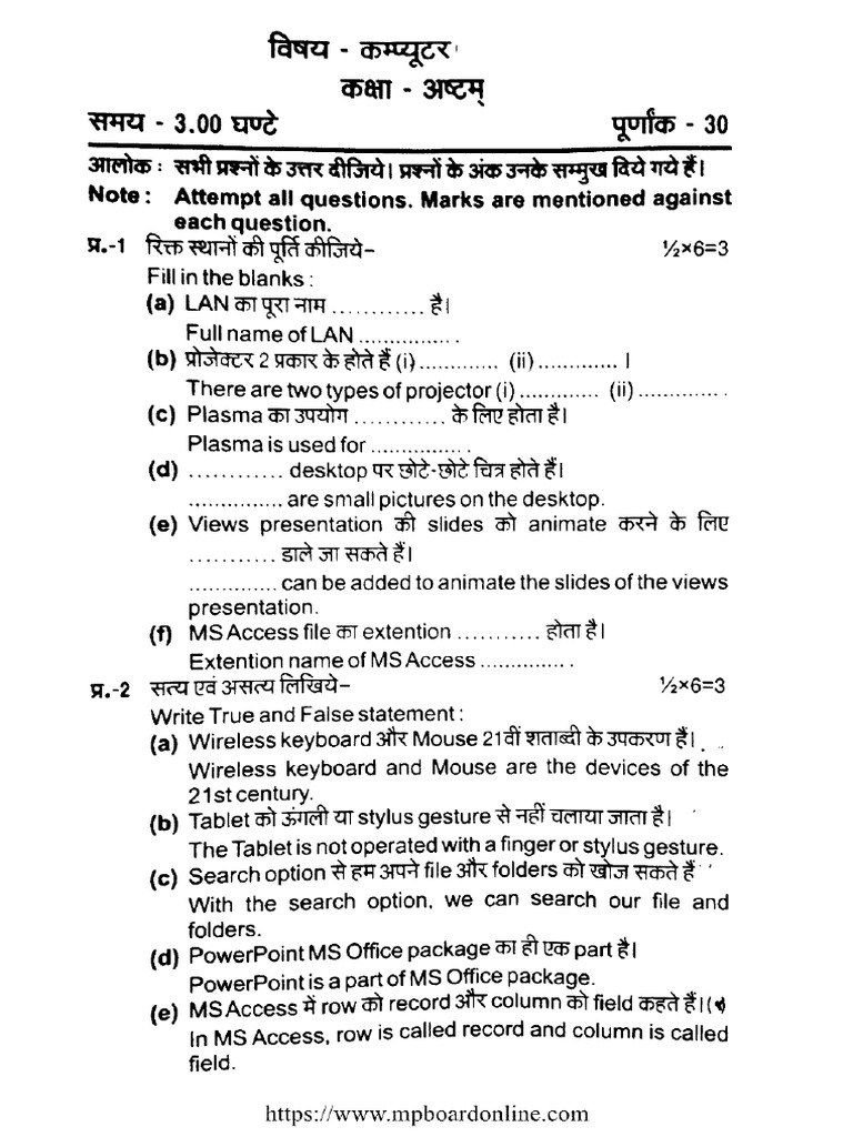 MP Board Class 8 Computer 2020 | PDF