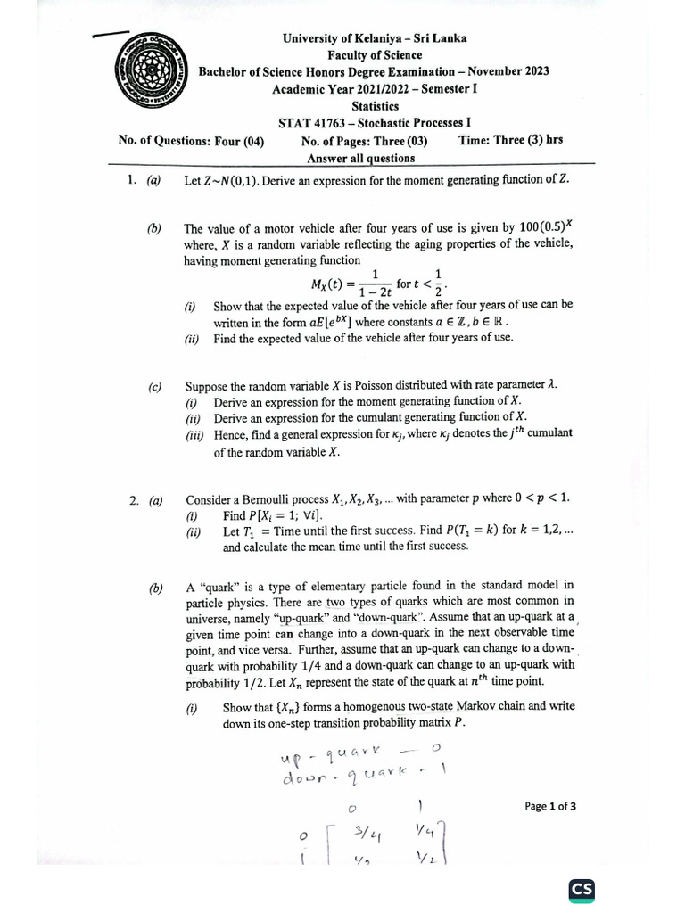 Stochastic Processes 1 STAT 41763 AY2122 | PDF
