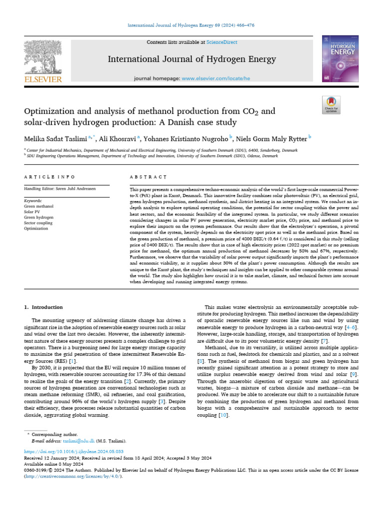 Taslimi - 2024 - Optimization and Analysis of Methanol Production From CO 2 Solar-Driven ...