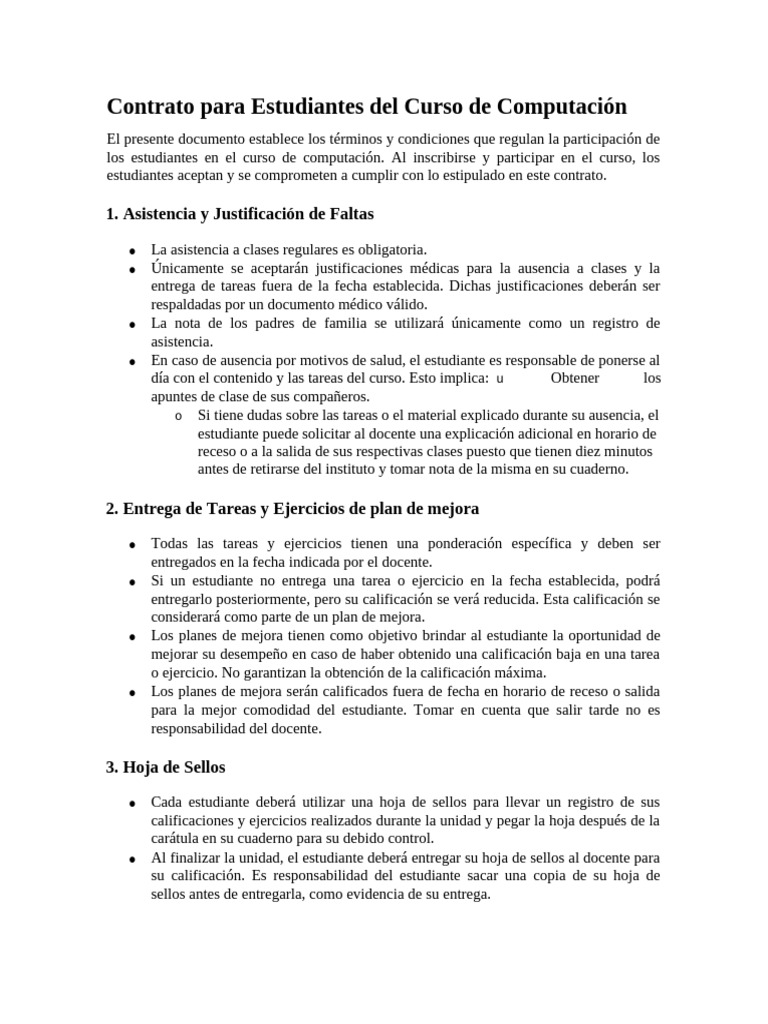 Contrato para Estudiantes Del Curso de Computación | PDF