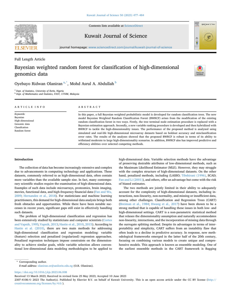 Bayesian Weighted Random Forest For Classification of - 2023 - Kuwait Journal o | PDF | Bayesian ...
