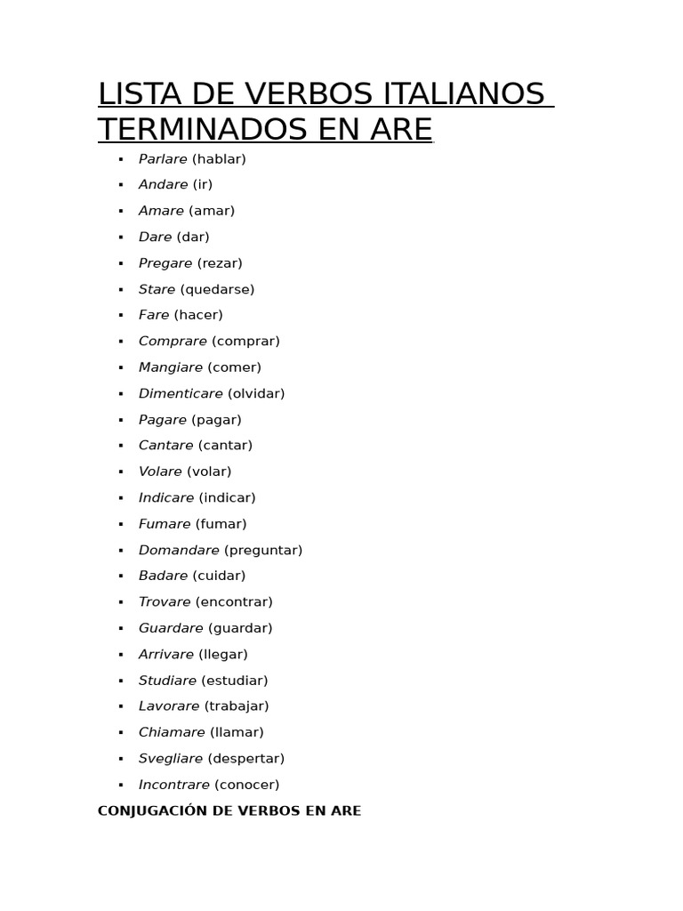 Lista de Verbos Italianos Terminados en Are | PDF | Verbo | Conjugación ...