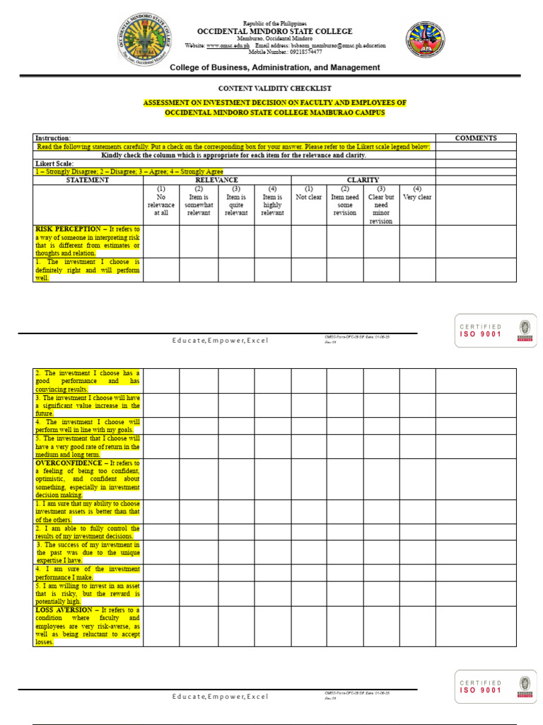 Content Validity Form OM | PDF | Risk Aversion | Psychology