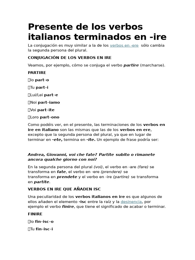 Presente de Los Verbos Italianos Terminados en Ire | PDF | Verbo | Idiomas