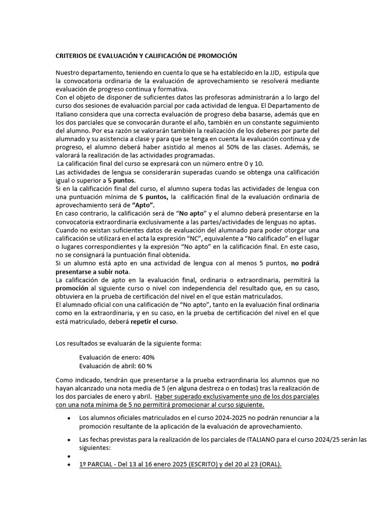Criterios de Evaluacion y Calificacion de Promocion Curso 2024 25 | PDF