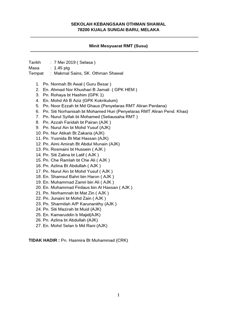 minit mesyuarat kali 1 RMT 2019 | PDF