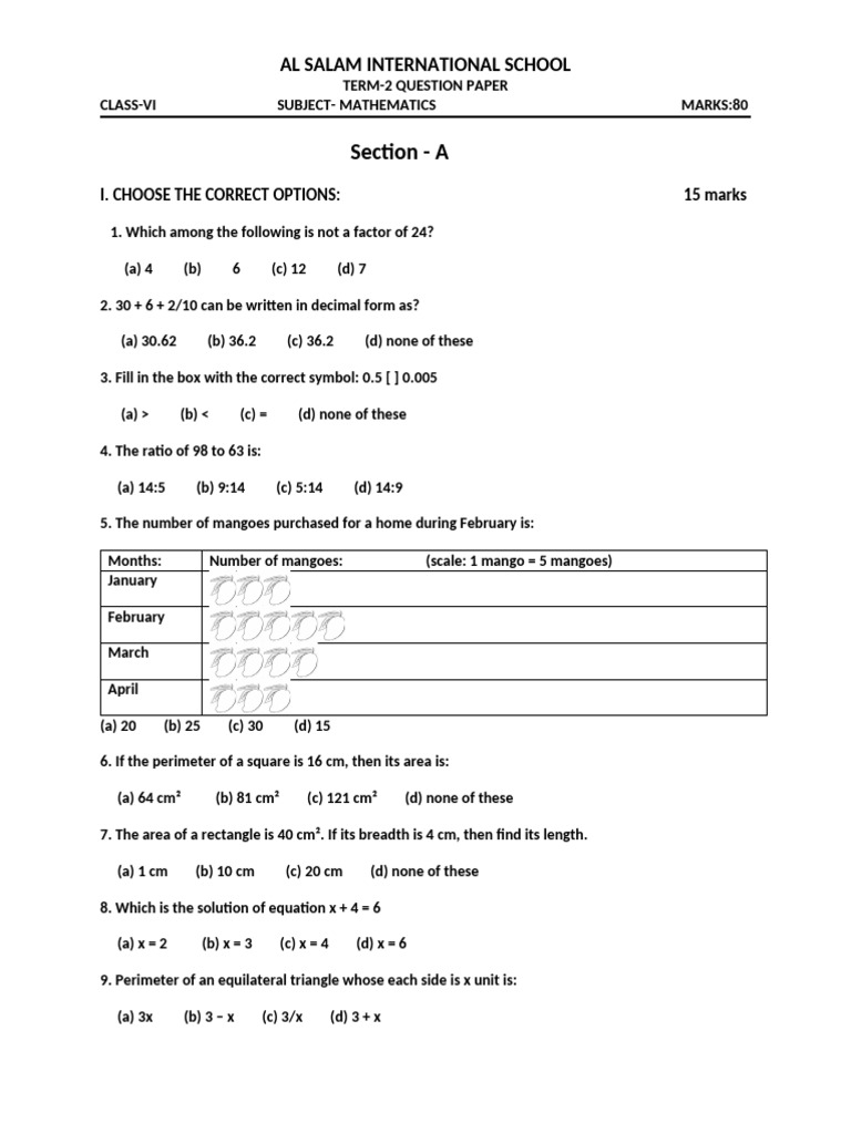 Class VI Mathematics Term-2 Exam Paper | PDF | Mathematics | Arithmetic