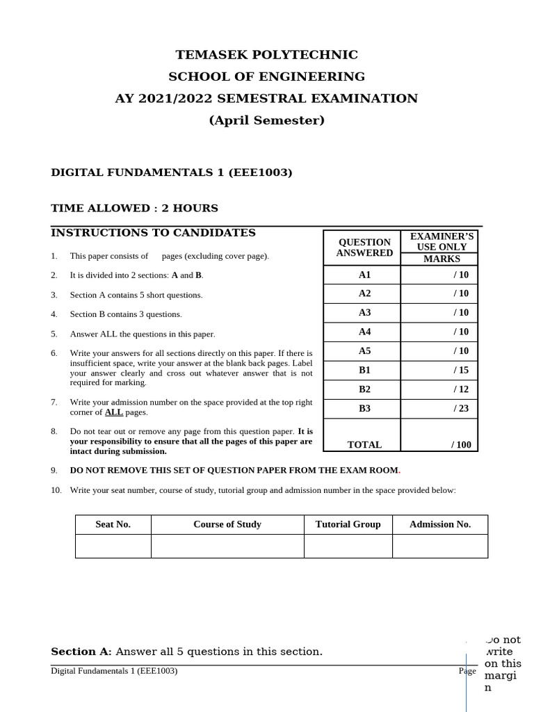 Digital Fundamentals Exam Paper EEE1003 | PDF | Logic Gate | Computer ...
